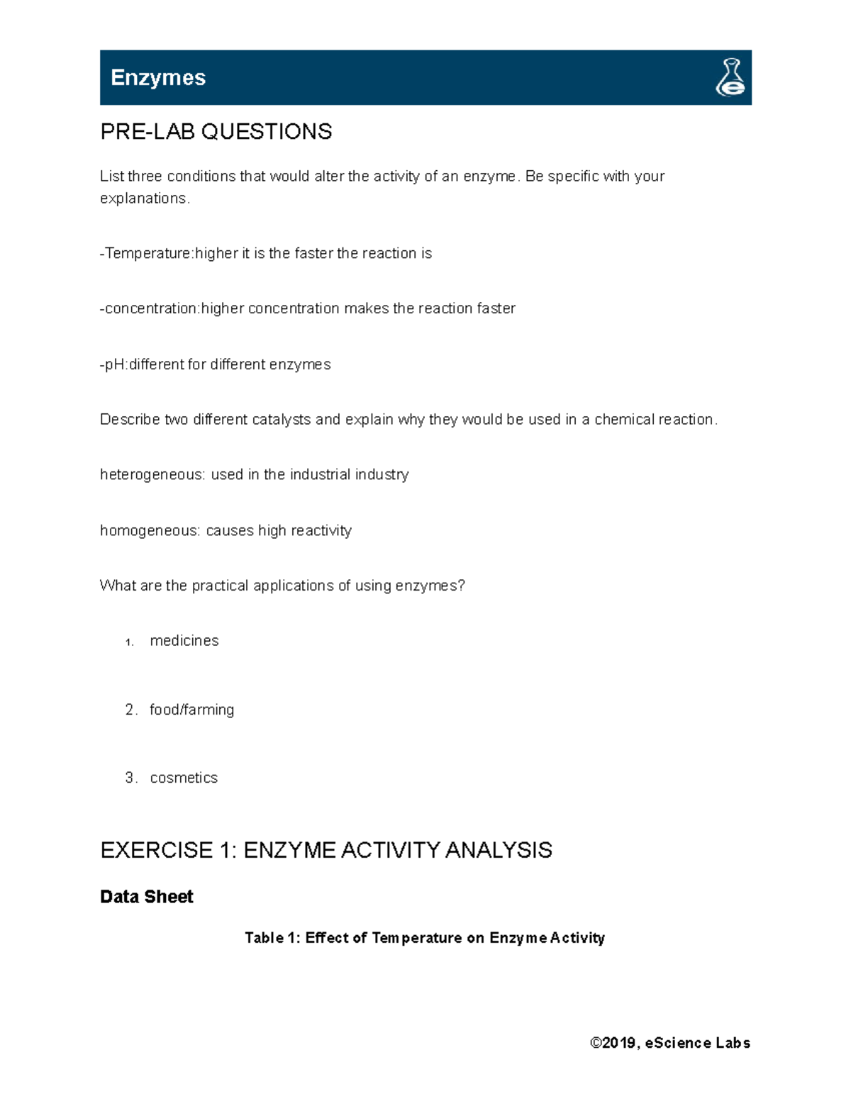 IB 1201 L05 Enzymes - lalal - PRE-LAB QUESTIONS List three conditions ...