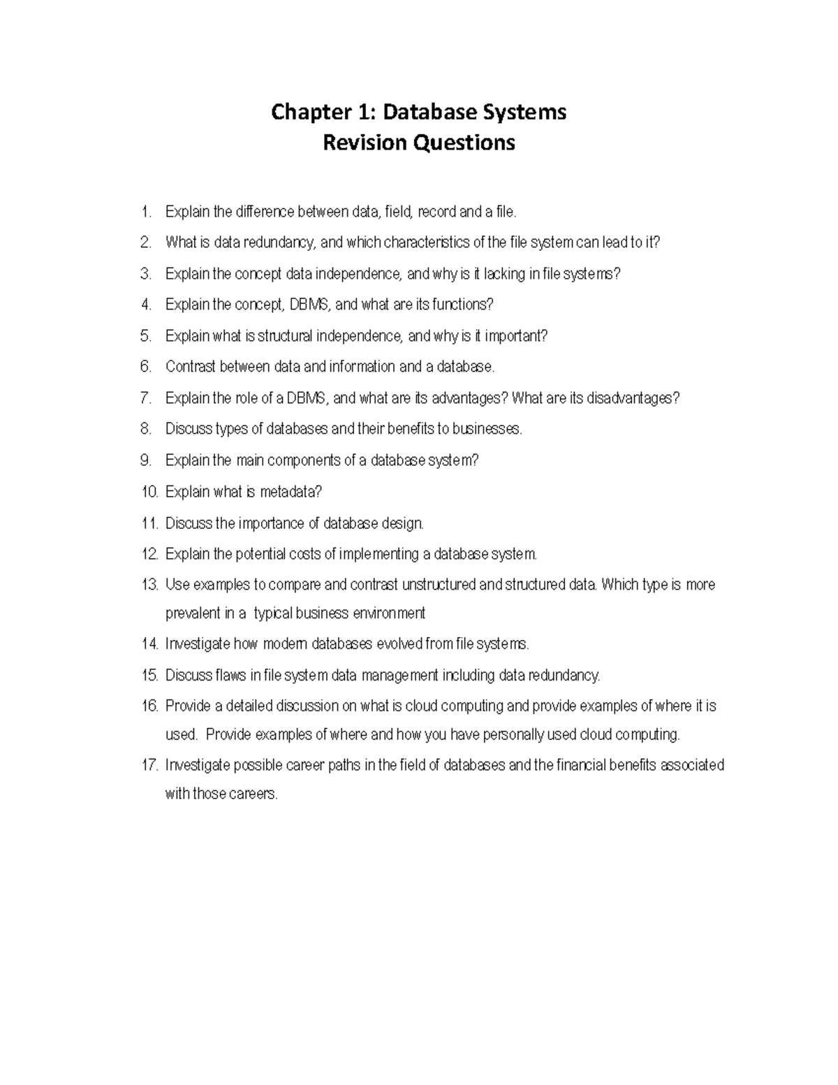IM2A - Revision Questions - Chapter 1: Database Systems Revision Questions Explain the ...
