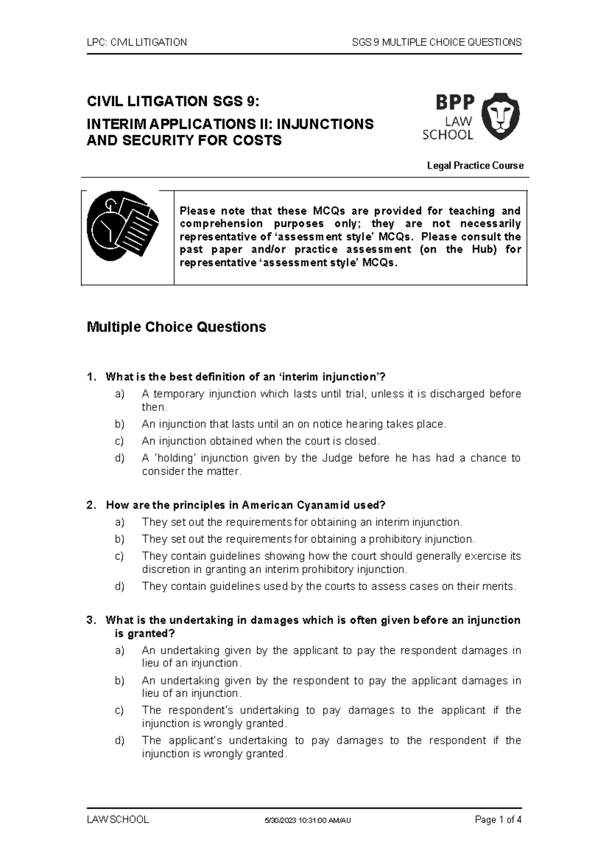 Civil Litigation SGS 9 MCQs - LPC: CIVIL LITIGATION SGS 9 MULTIPLE ...