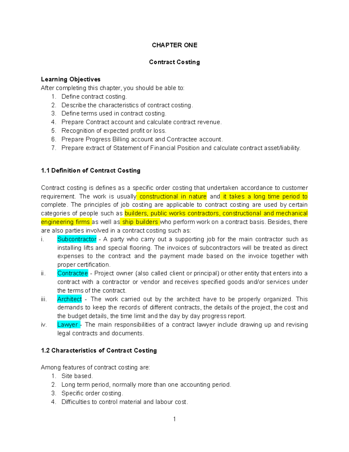 Chapter 1 Contract Costing - CHAPTER ONE Contract Costing Learning ...