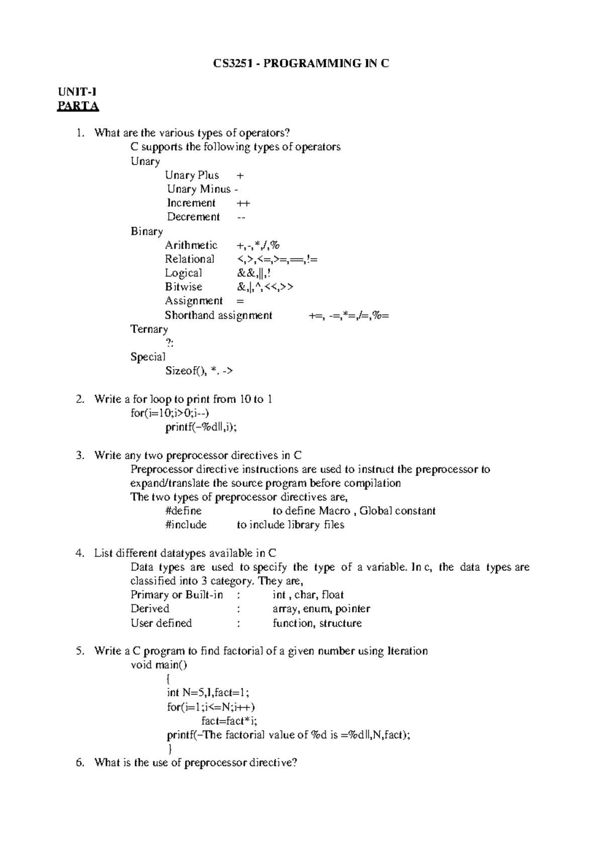 Lecturer Notes In C Programming With Two Marks And 16 Markswith Answer Cs3251 Programming