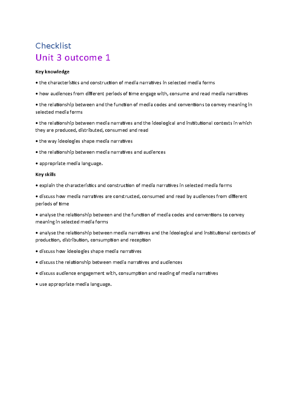 Checklist media - Checklist Unit 3 outcome 1 Key knowledge the ...