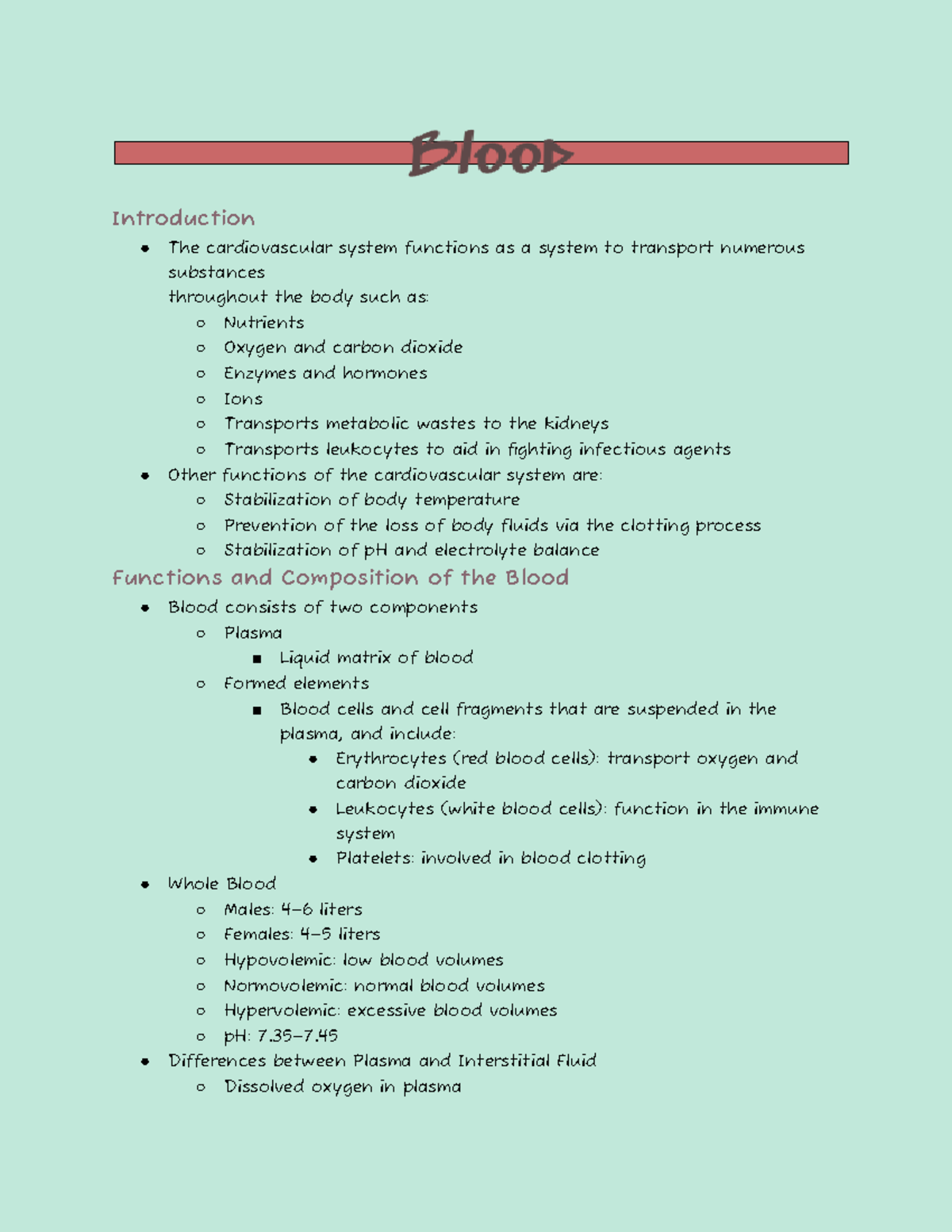 Blood - Bio 216/217 - Introduction The cardiovascular system functions ...