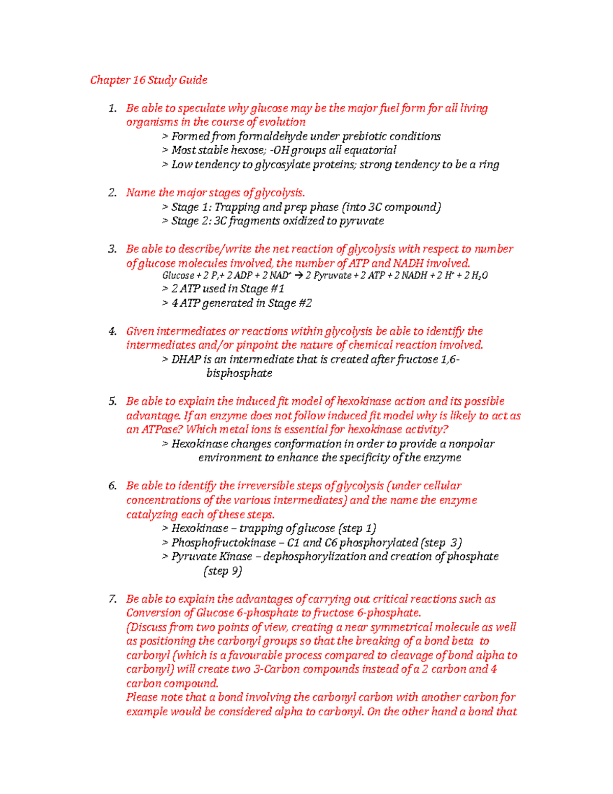 Chapter 16 Glycolysis final version Study guide - Chapter 16 Study ...