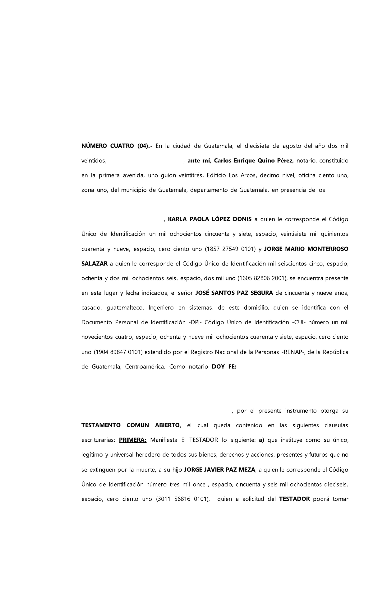 Derecho Notarial - Testamento común abierto, minuta para complementar y ...