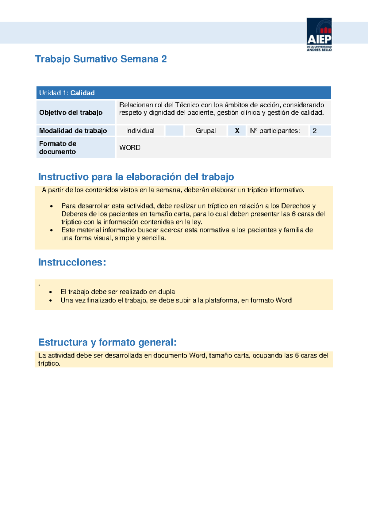 VF HSC002 Actividad Sumativa Semana 2 - Trabajo Sumativo Semana 2 Instructivo para la ...