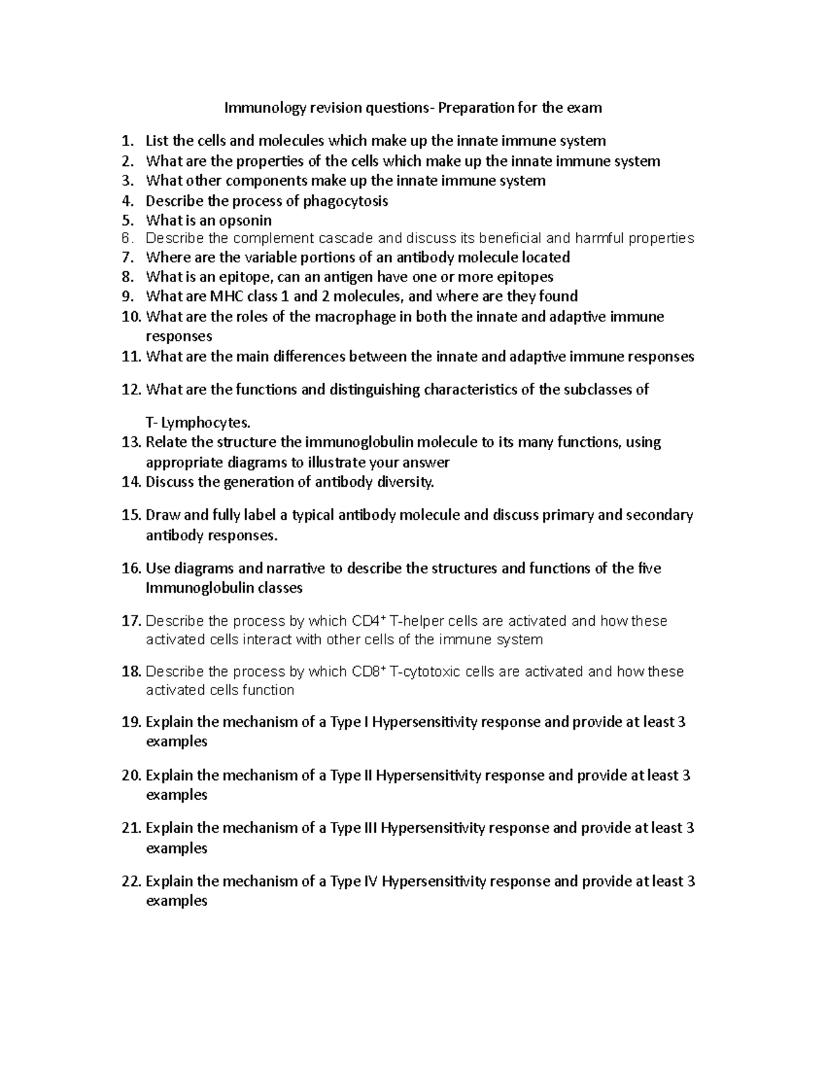 Immunology revision questions - D2129 - QMU - Studocu