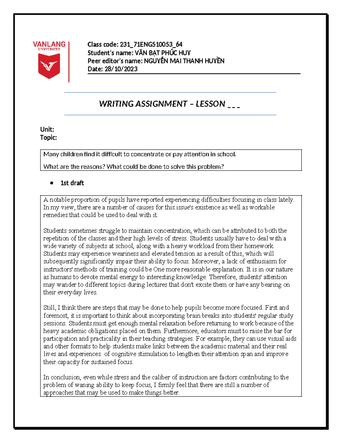 writing lesson 11 av5 - Class code: 231_71ENG510053_ Student’s name: VĂN BẠT PHÚC HUY Peer ...