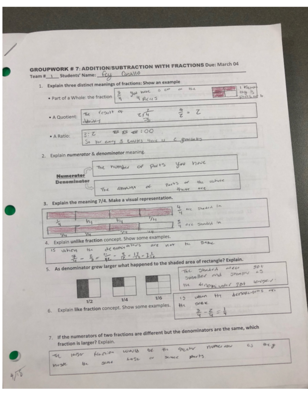 Math Group Work 7 - GROUPWORK 7: WITH FRACTIONS Due: March 04 Team 1 ...