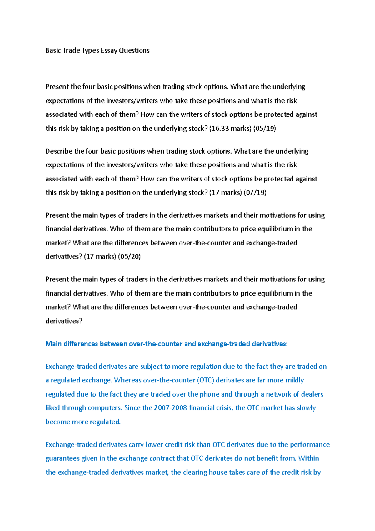 Basic Trade Types Essay Questions - Basic Trade Types Essay Questions ...