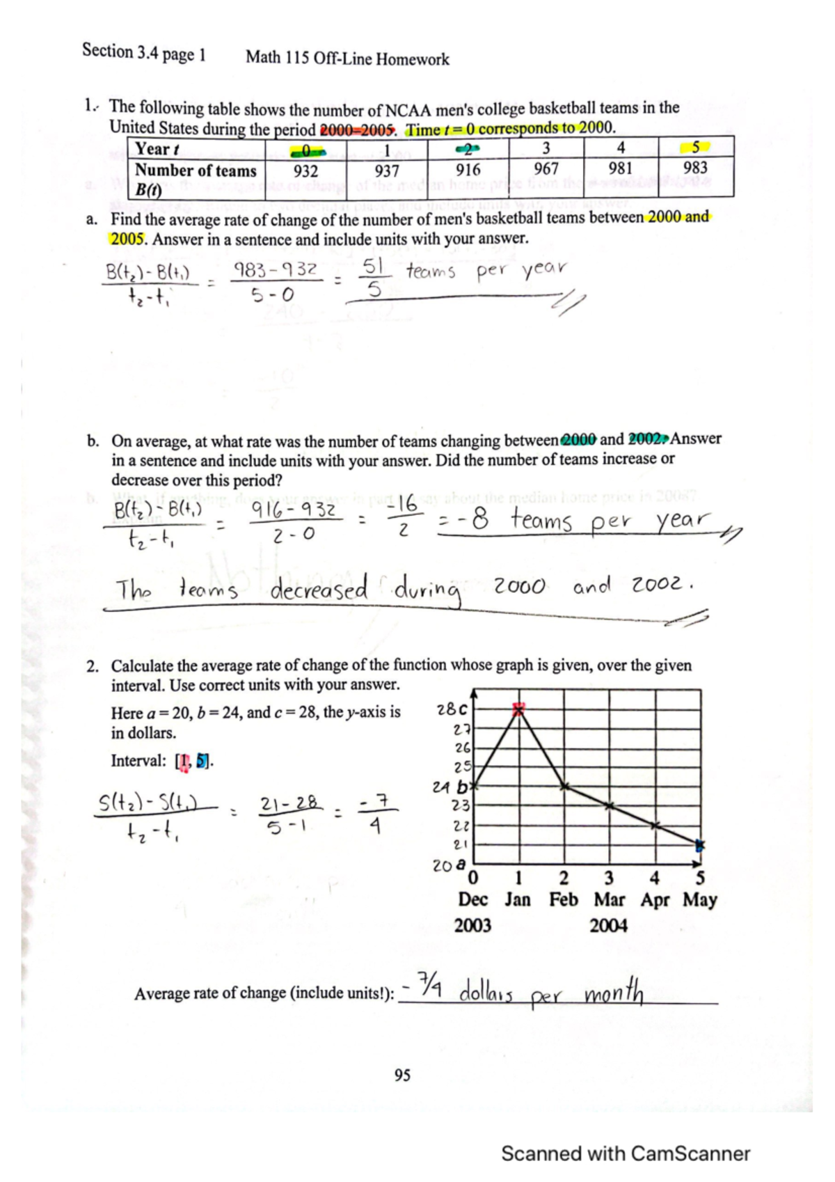 MATH 115 Off-Line Homework Section 3.4 Average Rates of Change - MATH ...