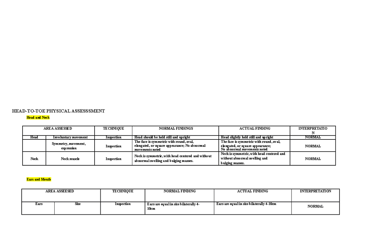 HEAD - head - HEAD-TO-TOE PHYSICAL ASSESSSMENT Head and Neck AREA ...