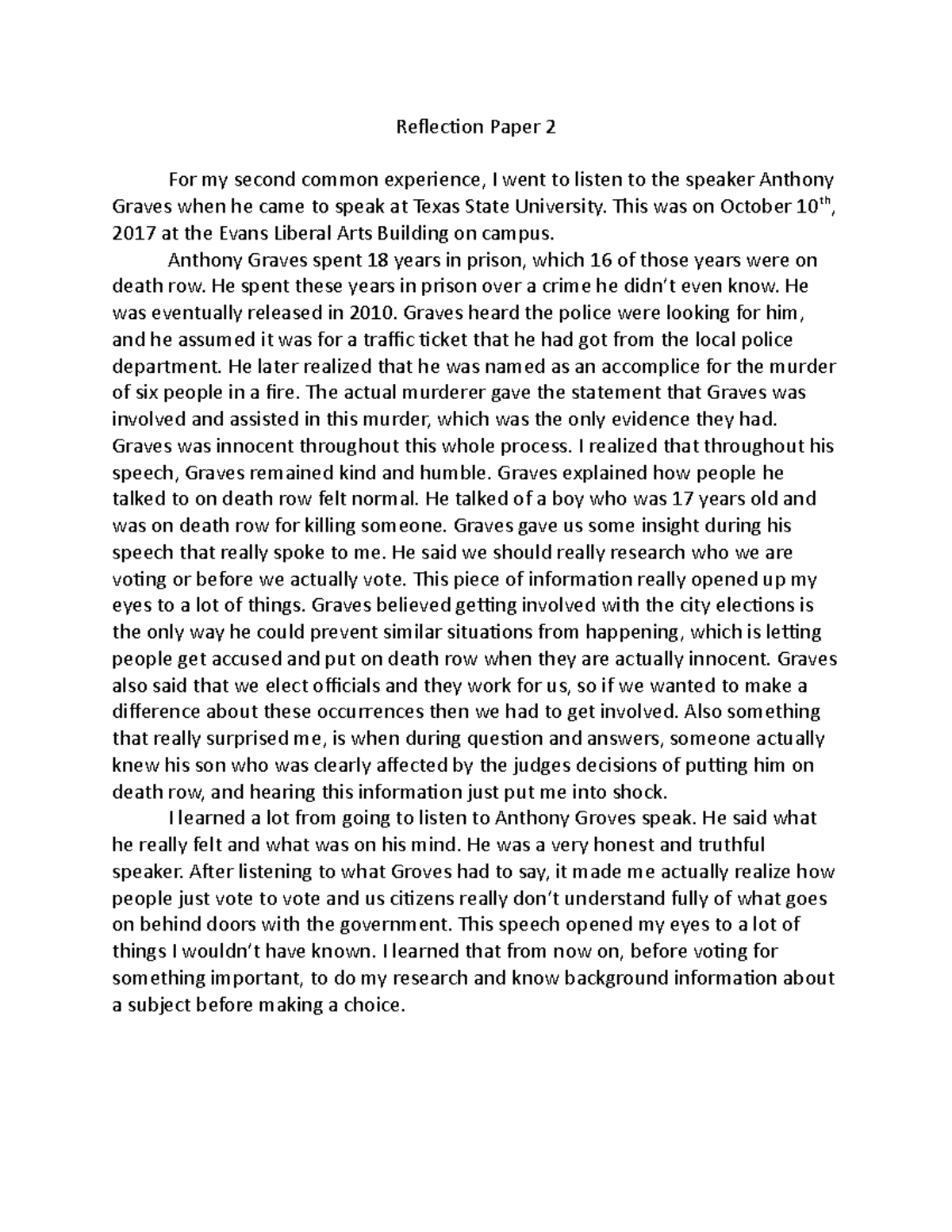 Reflection Paper 2 - Grade: A - Reflection Paper 2 For my second common ...