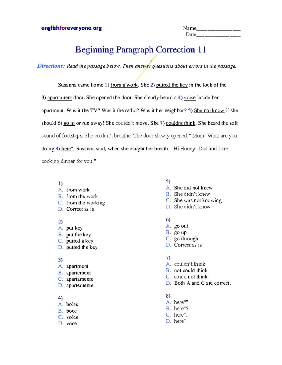 Beginning Paragraph Correction 11 - englishforeveryone Name________________ Date ...