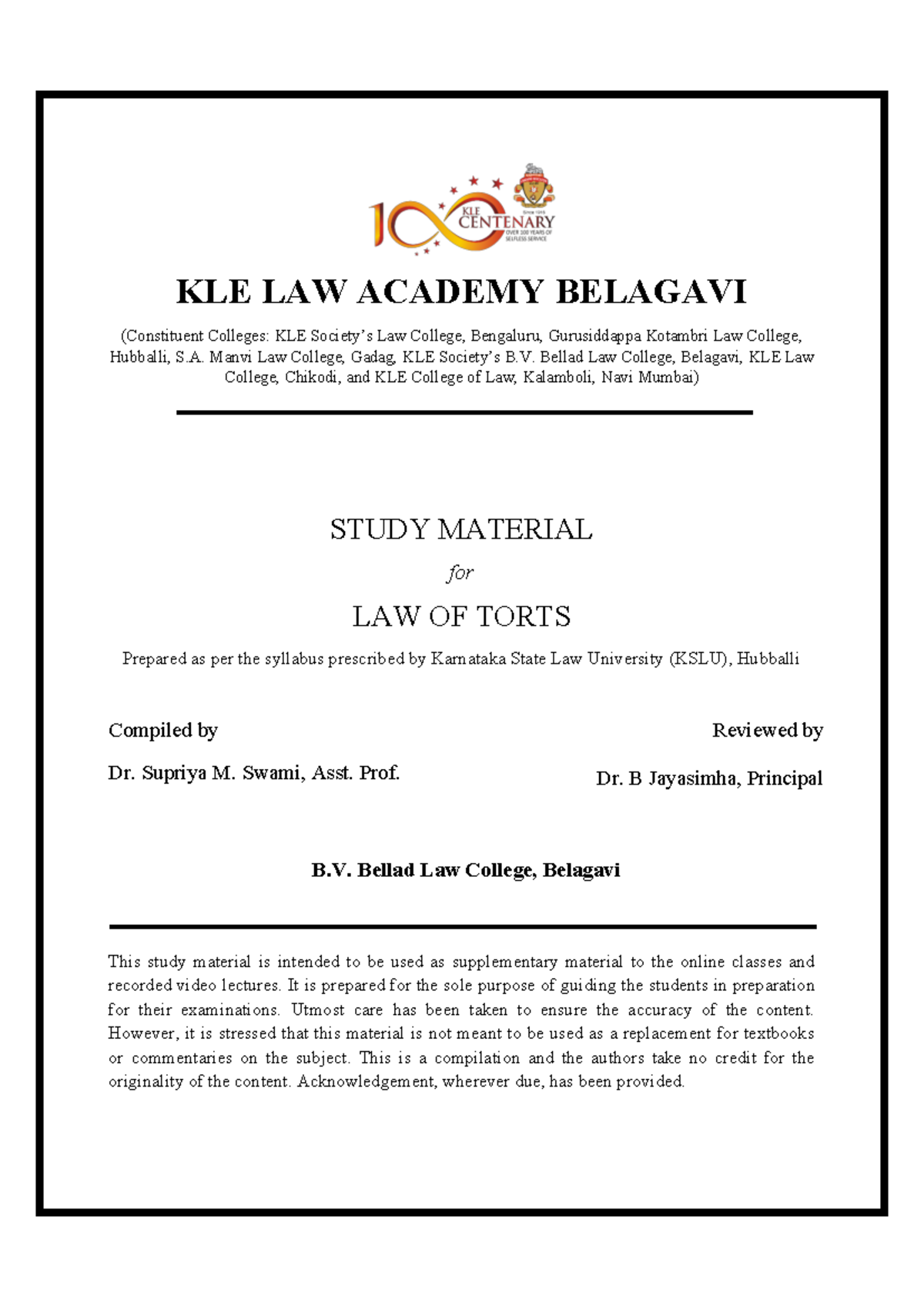 Law of Torts unit 1-2 - KLE LAW ACADEMY BELAGAVI (Constituent Colleges ...