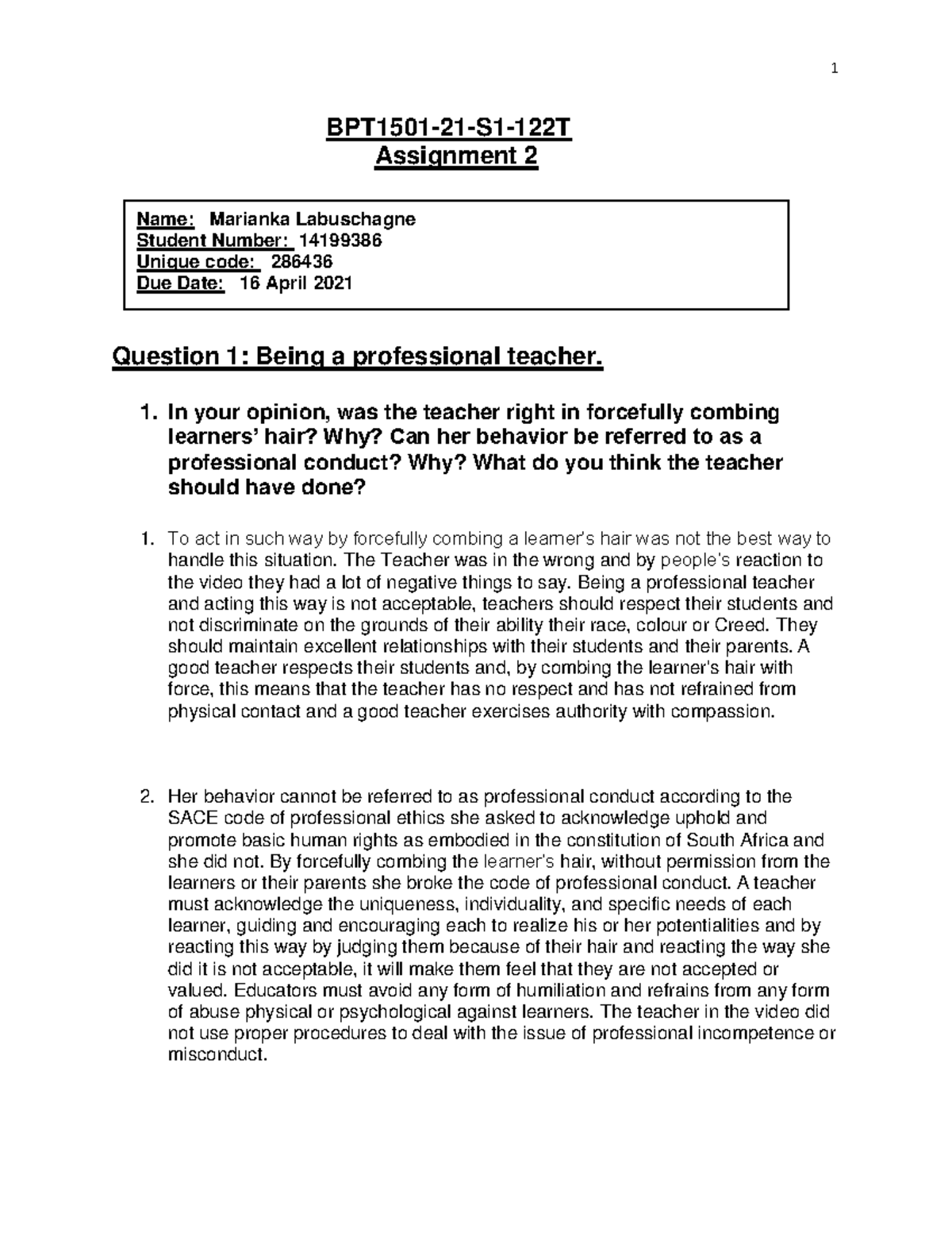 BPT1501 Assignment 2 extra information - BPT1501- 21 -S1-122T ...