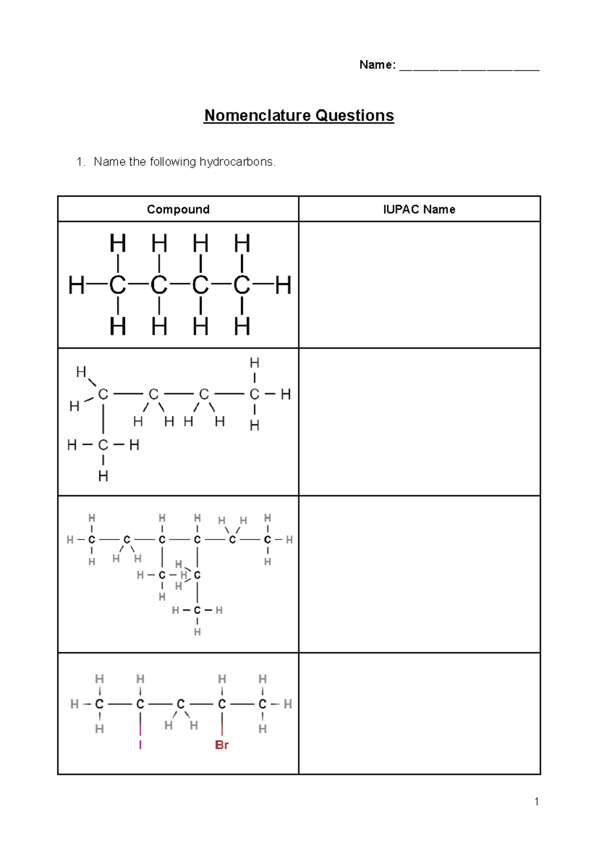 1a. Nomenclature Questions - Name: _____________________ Nomenclature ...