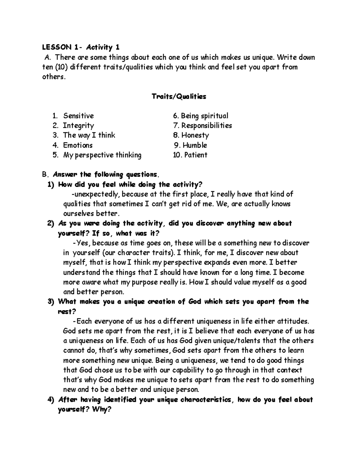 Traits or Qualities - LESSON 1- Activity 1 A. There are some things ...