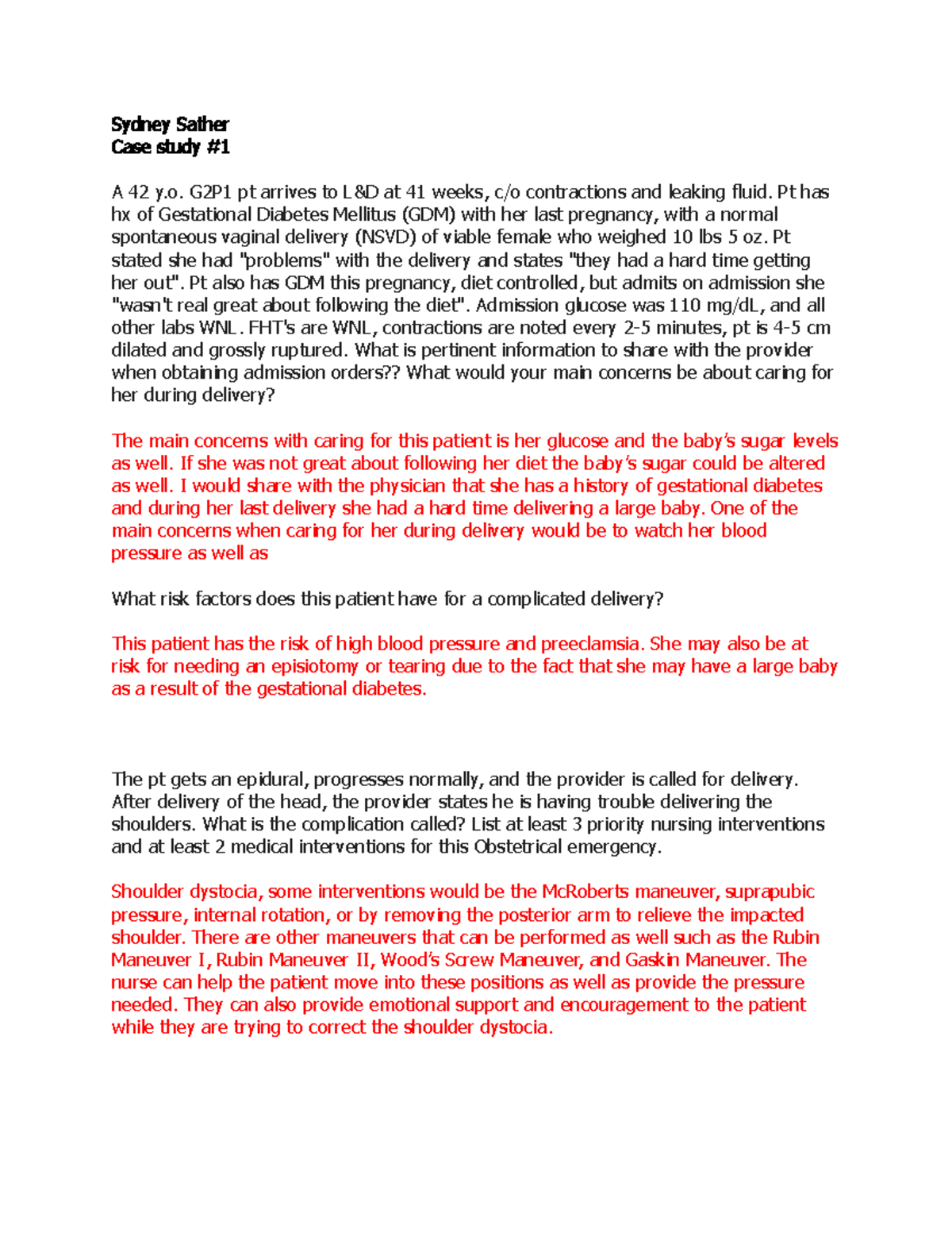 OB Clinical Replacement Assignment - Sydney Sather Case study # 1 A 42 ...