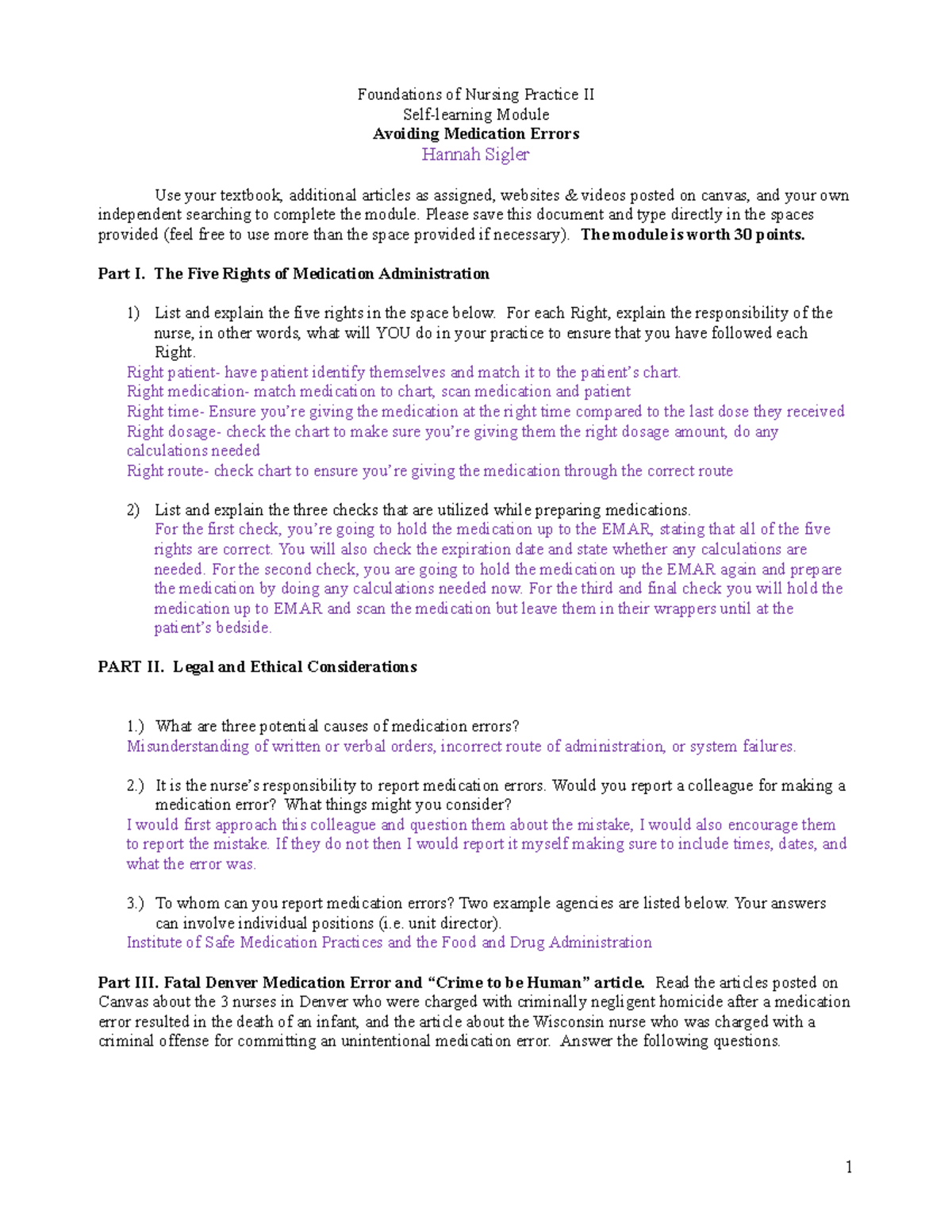 Medication Error Module Assignment wk 1 lab-1 - Foundations of Nursing ...