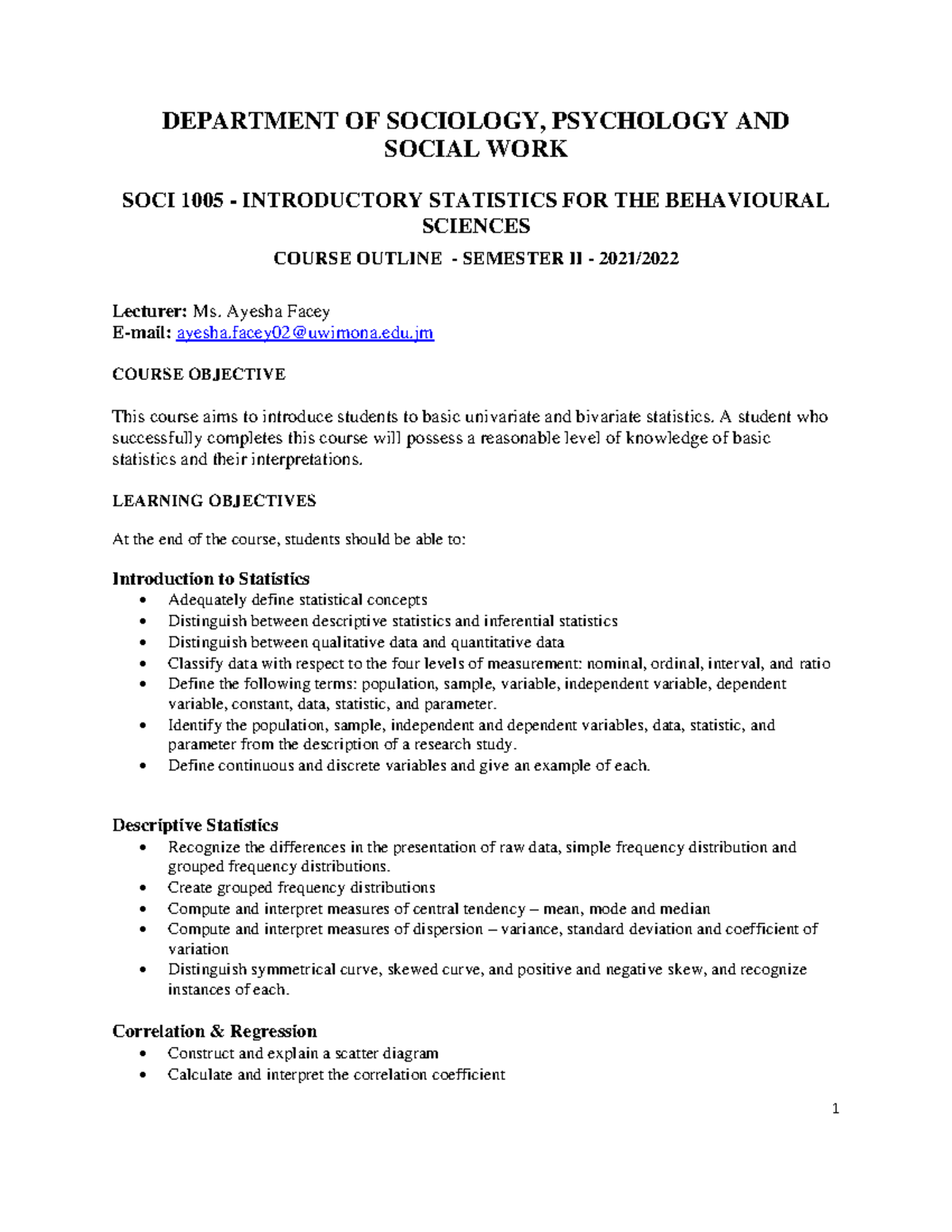 SOCI 1005 Course Outline - Semester 2 21 - DEPARTMENT OF SOCIOLOGY ...