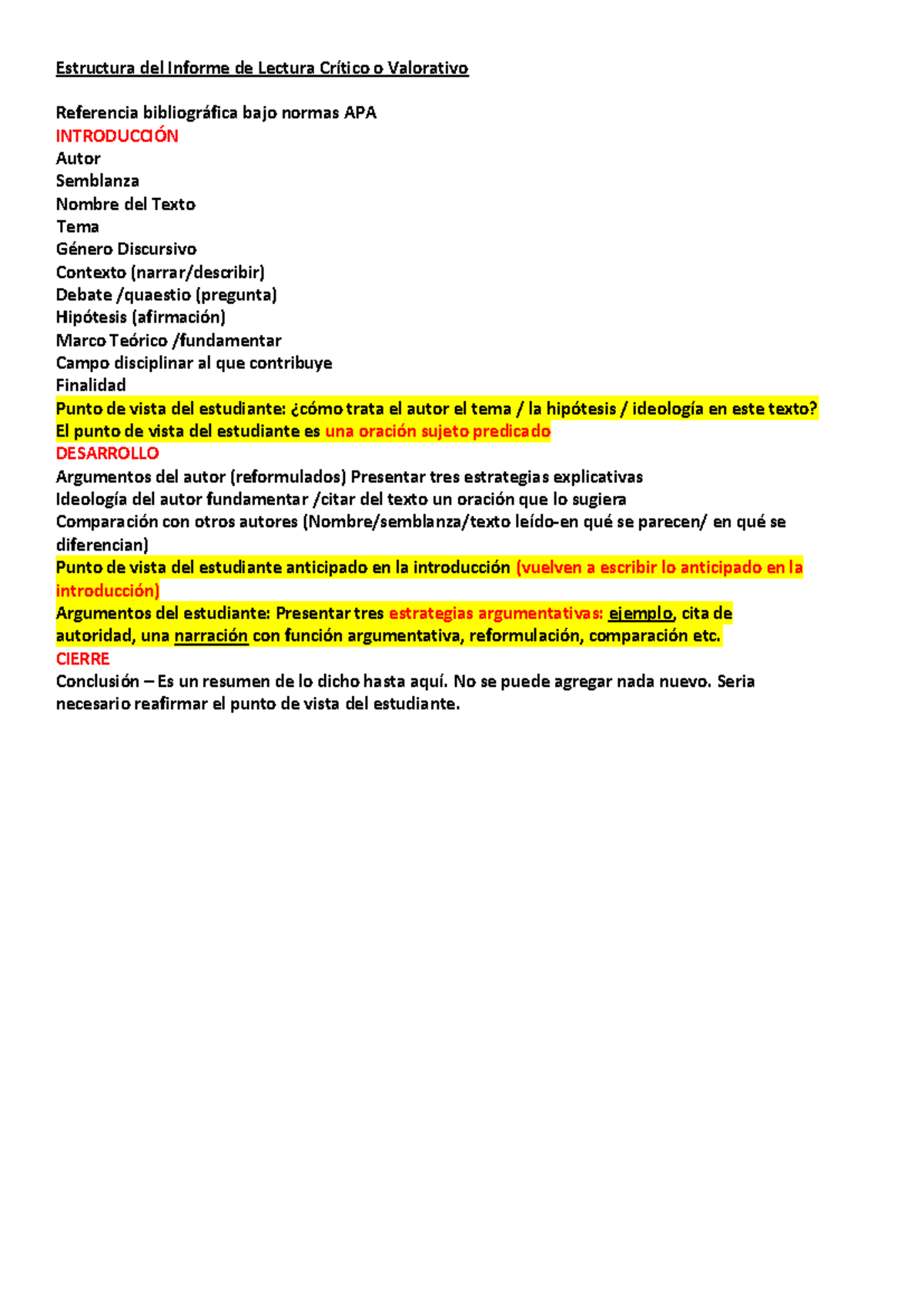 Estructura del Informe de Lectura Critico - Valorativo - Estructura del ...