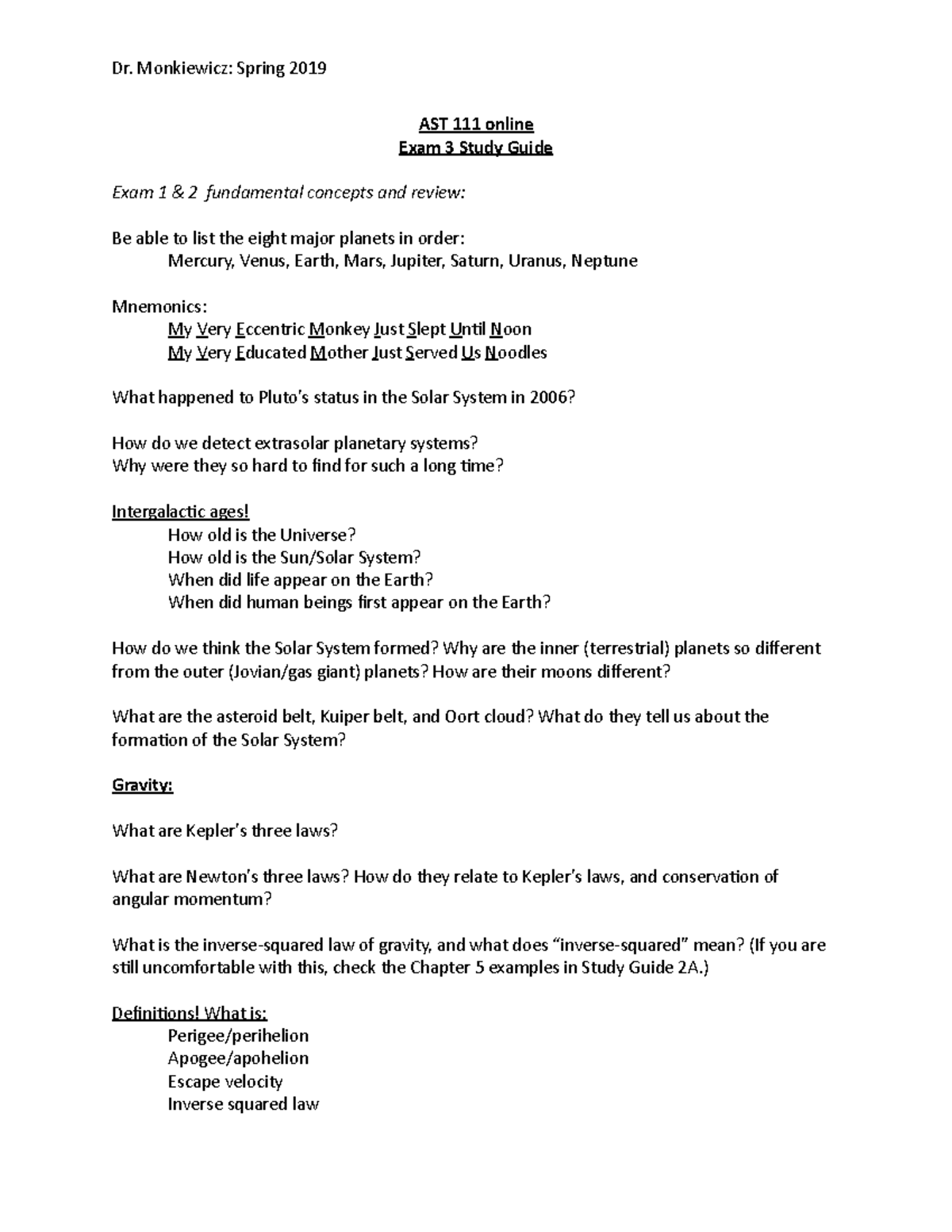 Exam3 study AST1111spring 2019 - Dr. Monkiewicz: Spring 2019 AST 111 ...