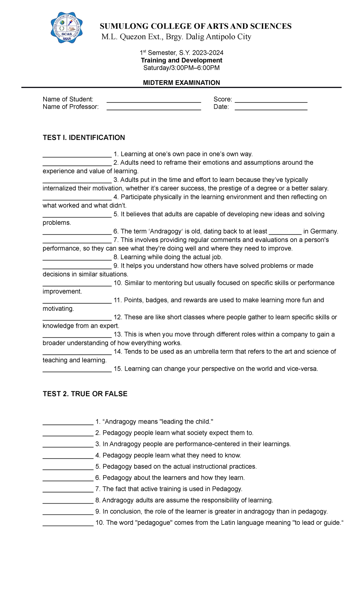 Midterm Exam TRDV - TRDV 1 - SUMULONG COLLEGE OF ARTS AND SCIENCES M ...