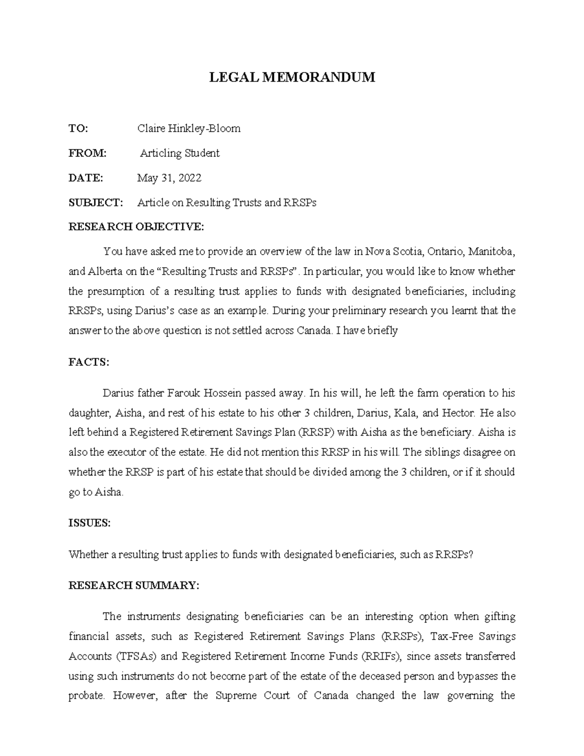 Legal Memorandum - LEGAL MEMORANDUM TO: FROM: DATE: Claire Hinkley ...