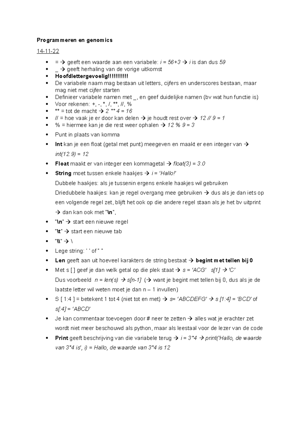 Programmeren en genomics samenvatting - Programmeren en genomics 14-11 ...