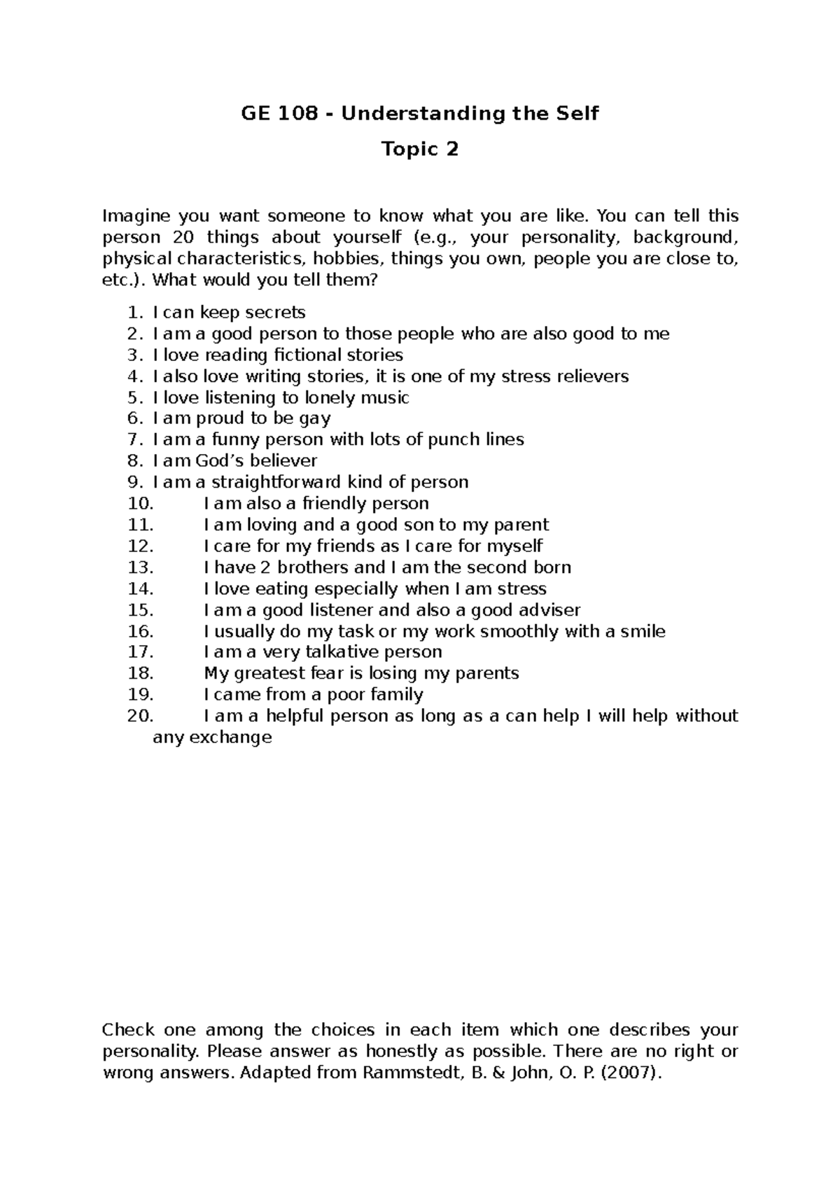 GE 108 - Understanding the Self - Topic 2 - GE 108 - Understanding the ...