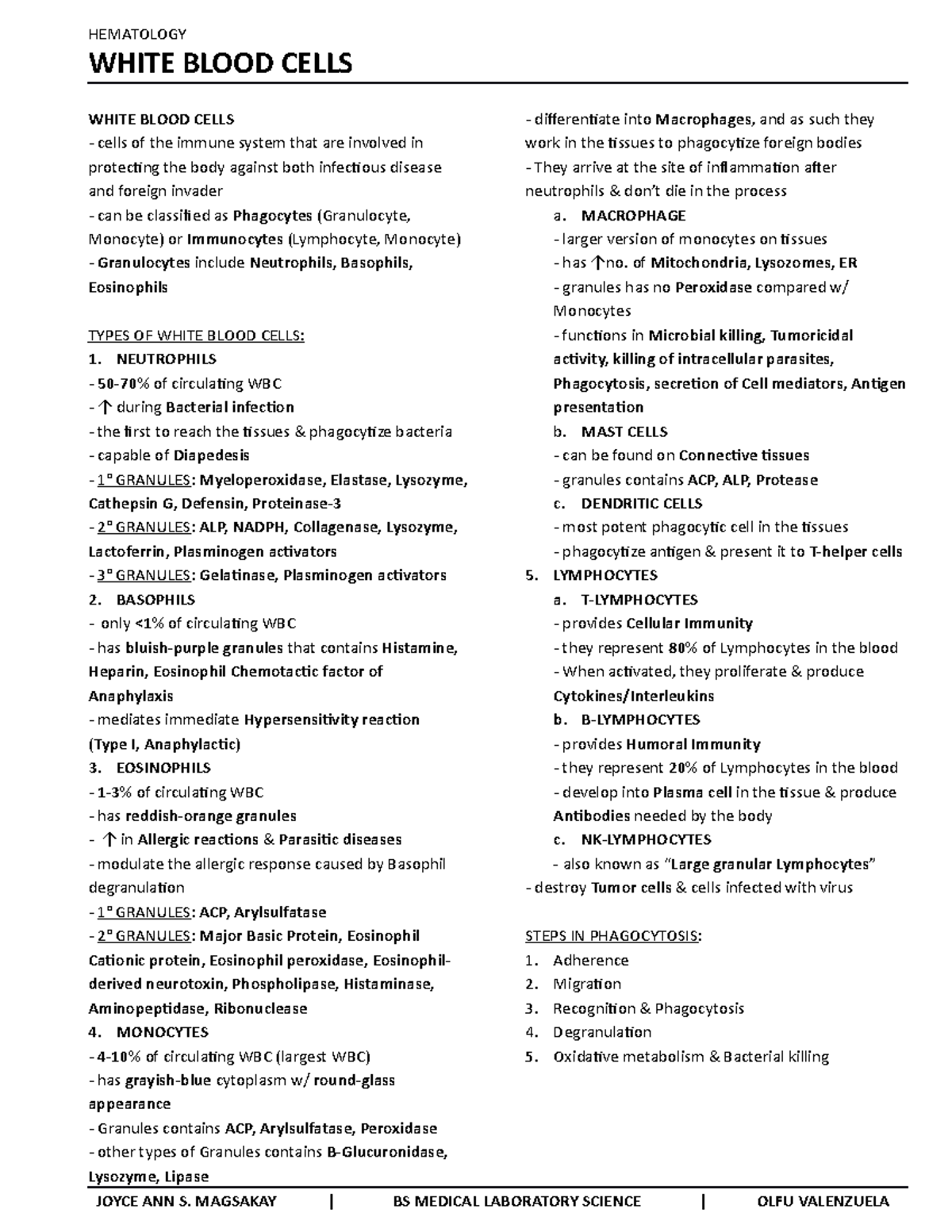 7.1. White Blood Cells - Notes taken from the lecture of Sir Antonio ...