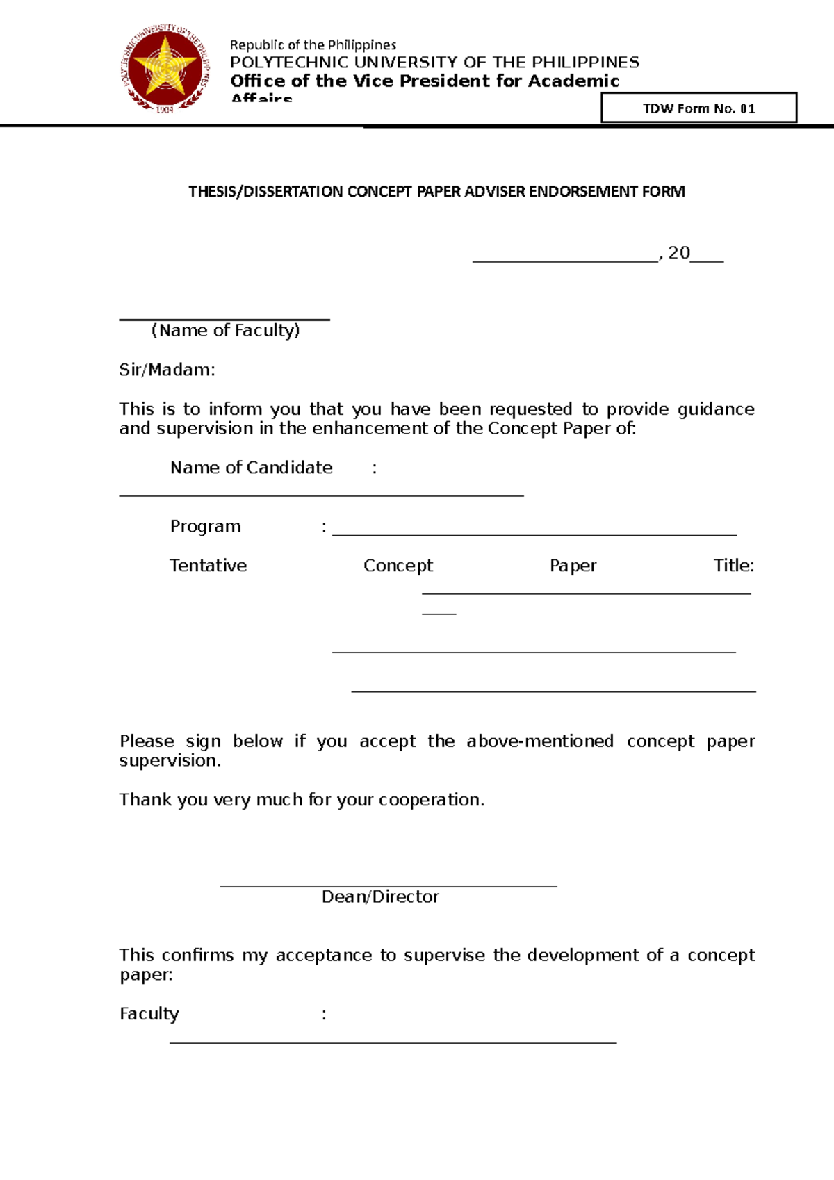 TDW Form No. 01 - Concept Paper Adviser Endorsement Form - Republic of the Philippines ...
