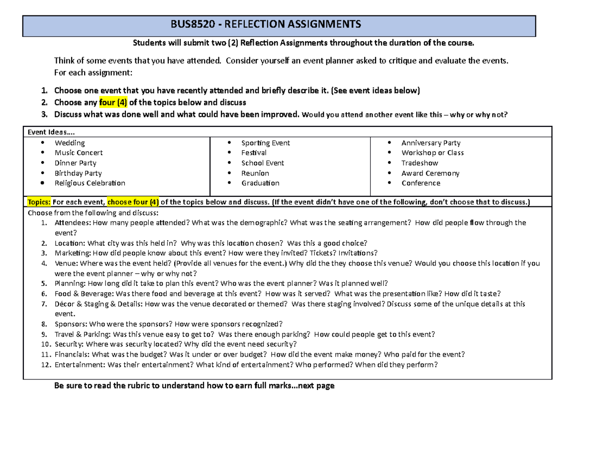 BUS8520 - Reflection Assignment - Students will submit two (2 ...