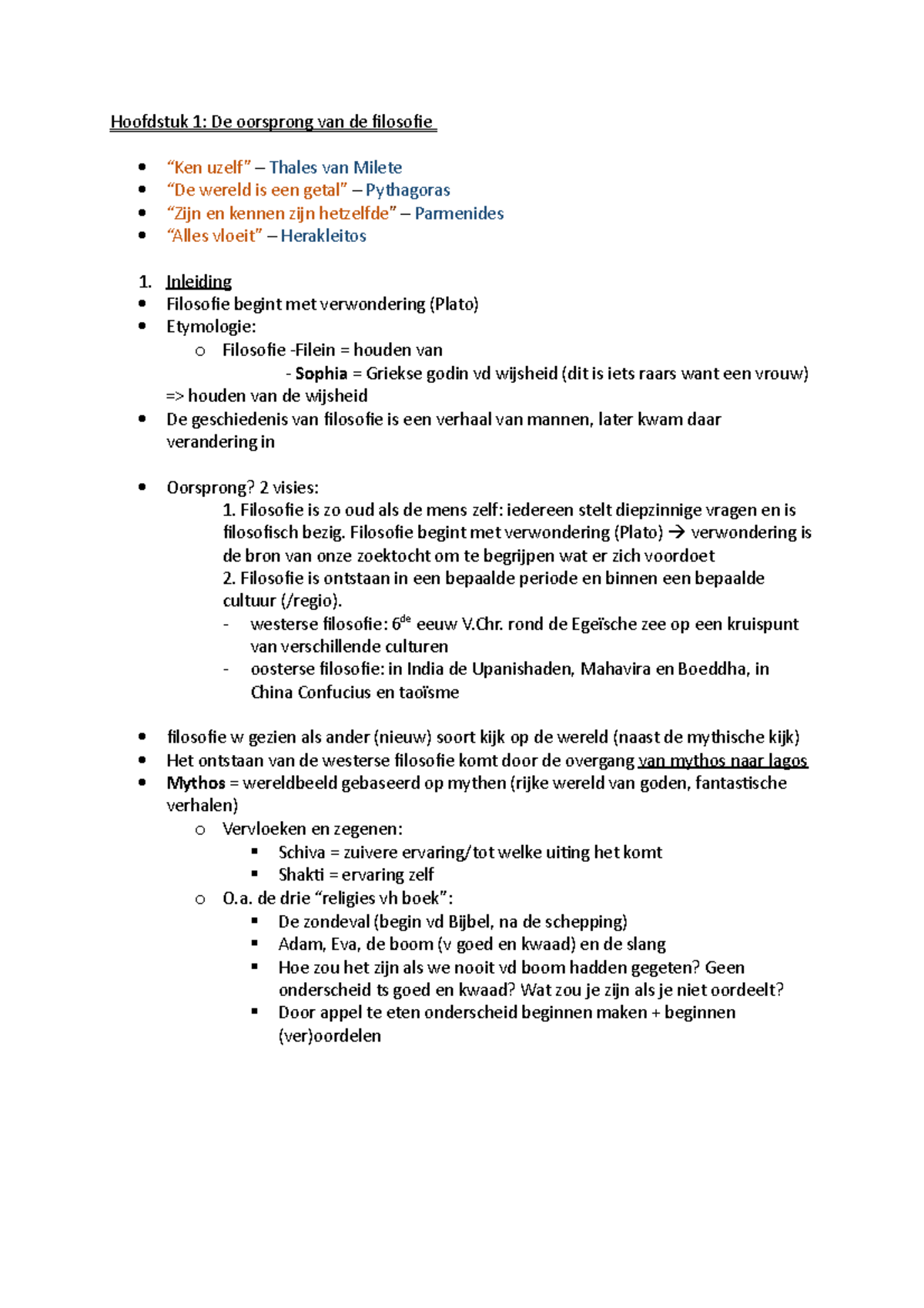 Filosofie-HS1 - Filosofie h1 - Hoofdstuk 1: De oorsprong van de filosofie “Ken uzelf” – Thales ...