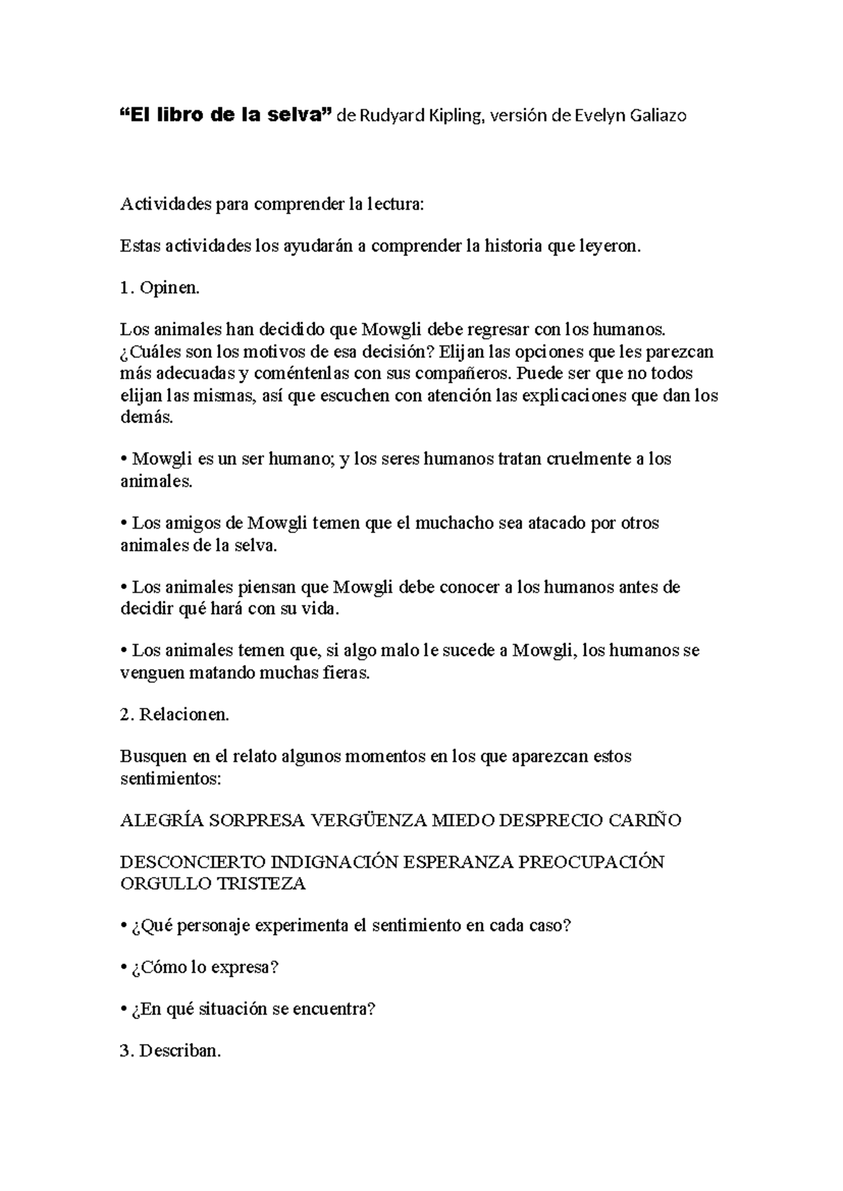 EL Libro DE LA Selva Actividades DE Lectura 3º A Y B - “El libro de la ...