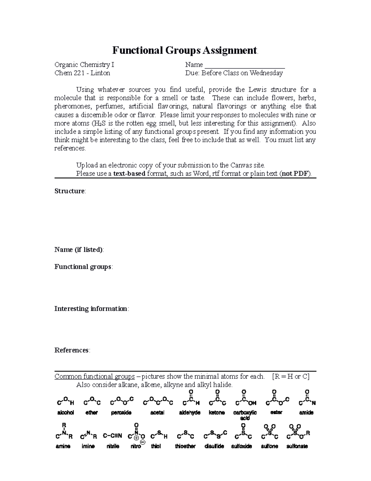 Functional Group Assignment - Organic Chemistry I Name ______________________ Chem 221 - Linton ...