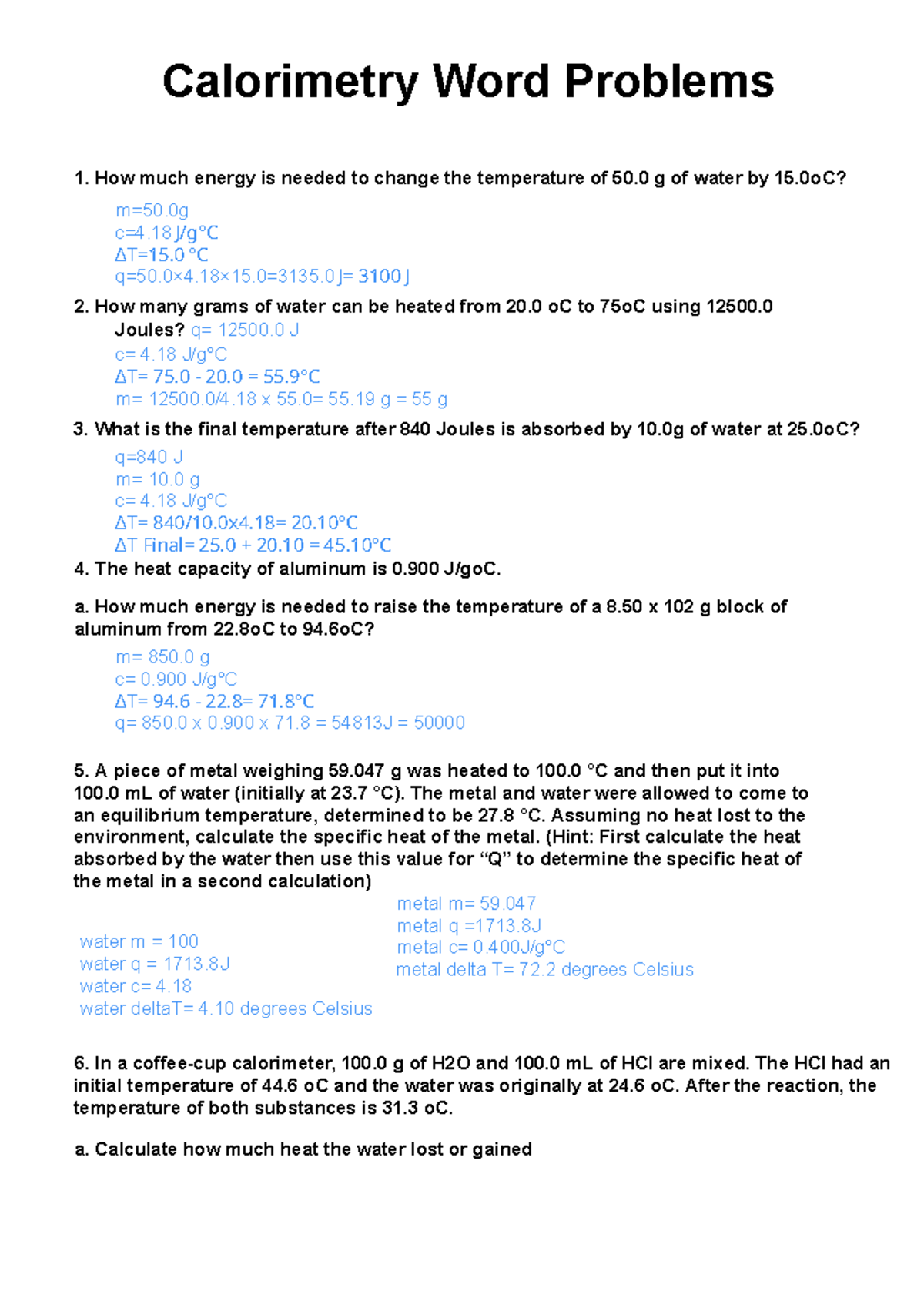 Calorimetry Word Problems - How much energy is needed to change the ...
