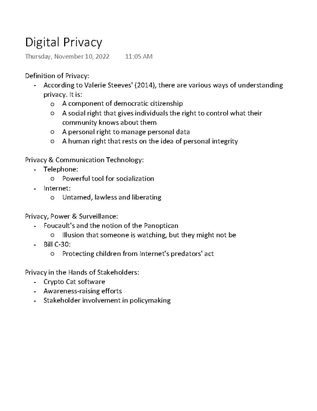 Lesson 9 Notes - Definition of Privacy: According to Valerie Steeves ...