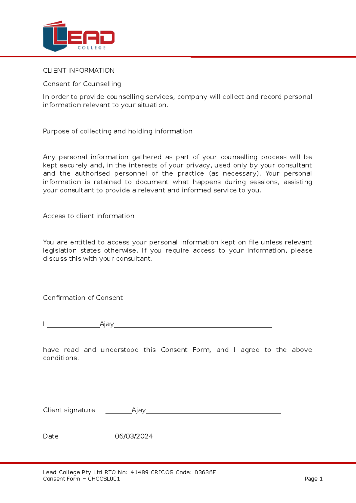 Chccsl 001 consent form Client 2 - CLIENT INFORMATION Consent for ...