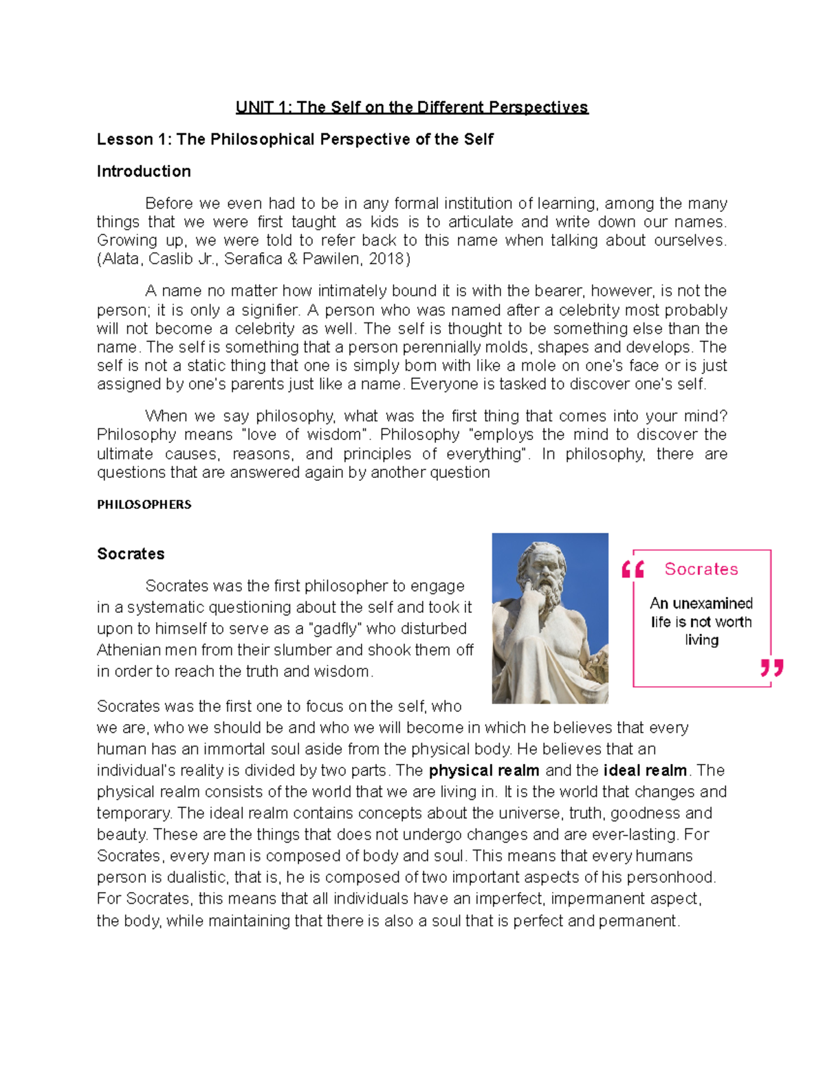 UNIT 1 The Self on the Different Perspectives - UNIT 1: The Self on the ...