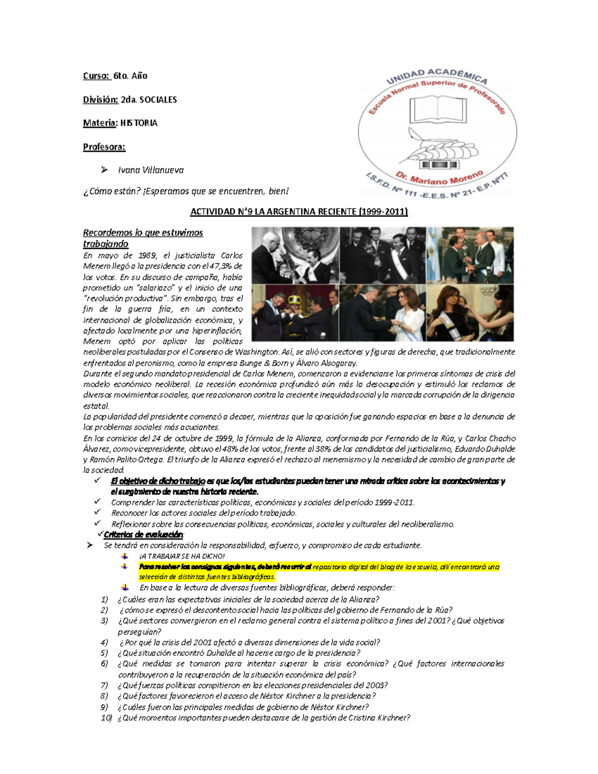 6°2° ACT - actividades de historia 6to año - Curso: 6to. Año División ...