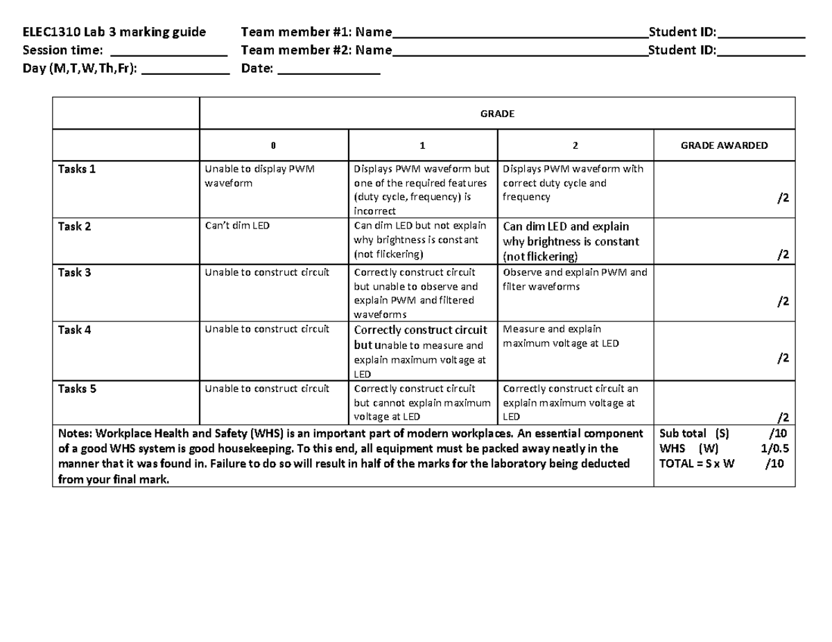 ELEC1310 Lab 3 Marking Guide-1 - ELEC1310 Lab 3 marking guide Team member #1: - Studocu