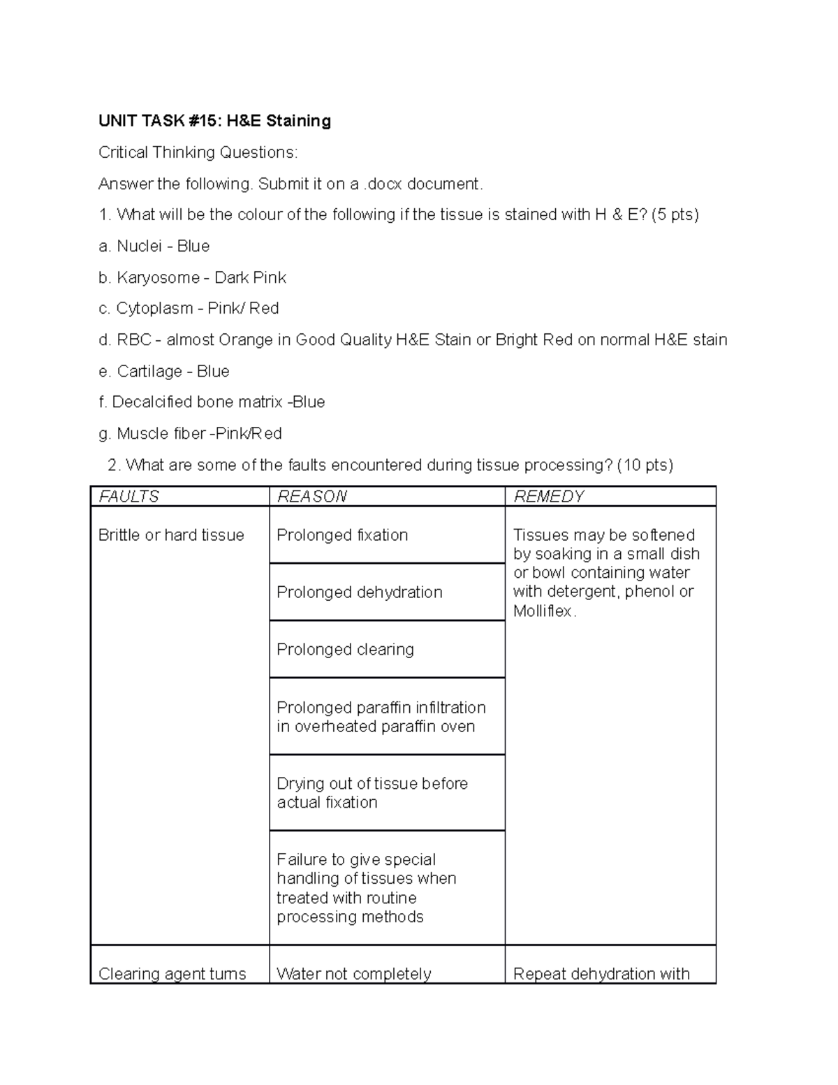 UNIT TASK #15 - Lecture notes NA - UNIT TASK #15: H&E Staining Critical ...