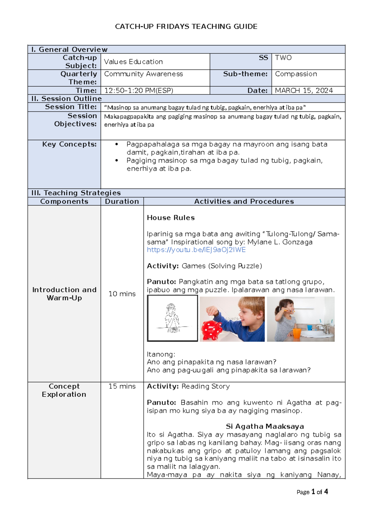 Grade 2- Values ED Catch-UP Friday - I. General Overview Catch-up ...