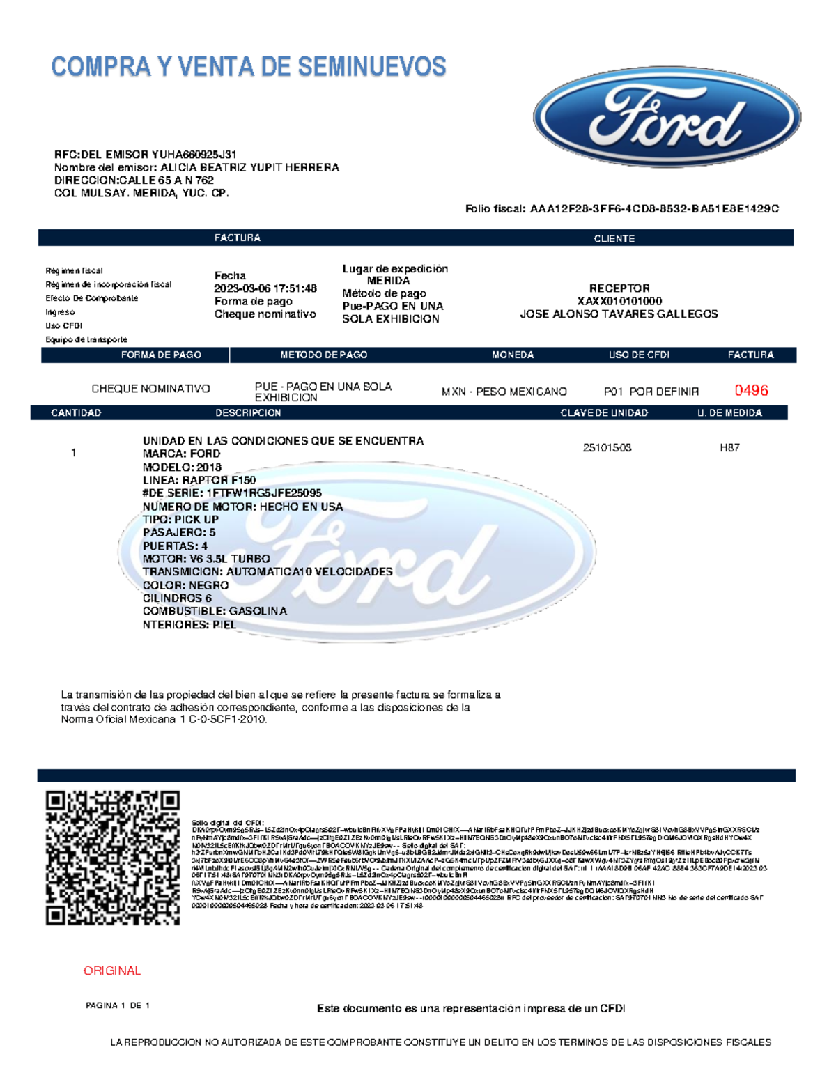 F150 ORI - factura - 1 25101503 H Folio fiscal: AAA12F28-3FF6-4CD8-8532 ...