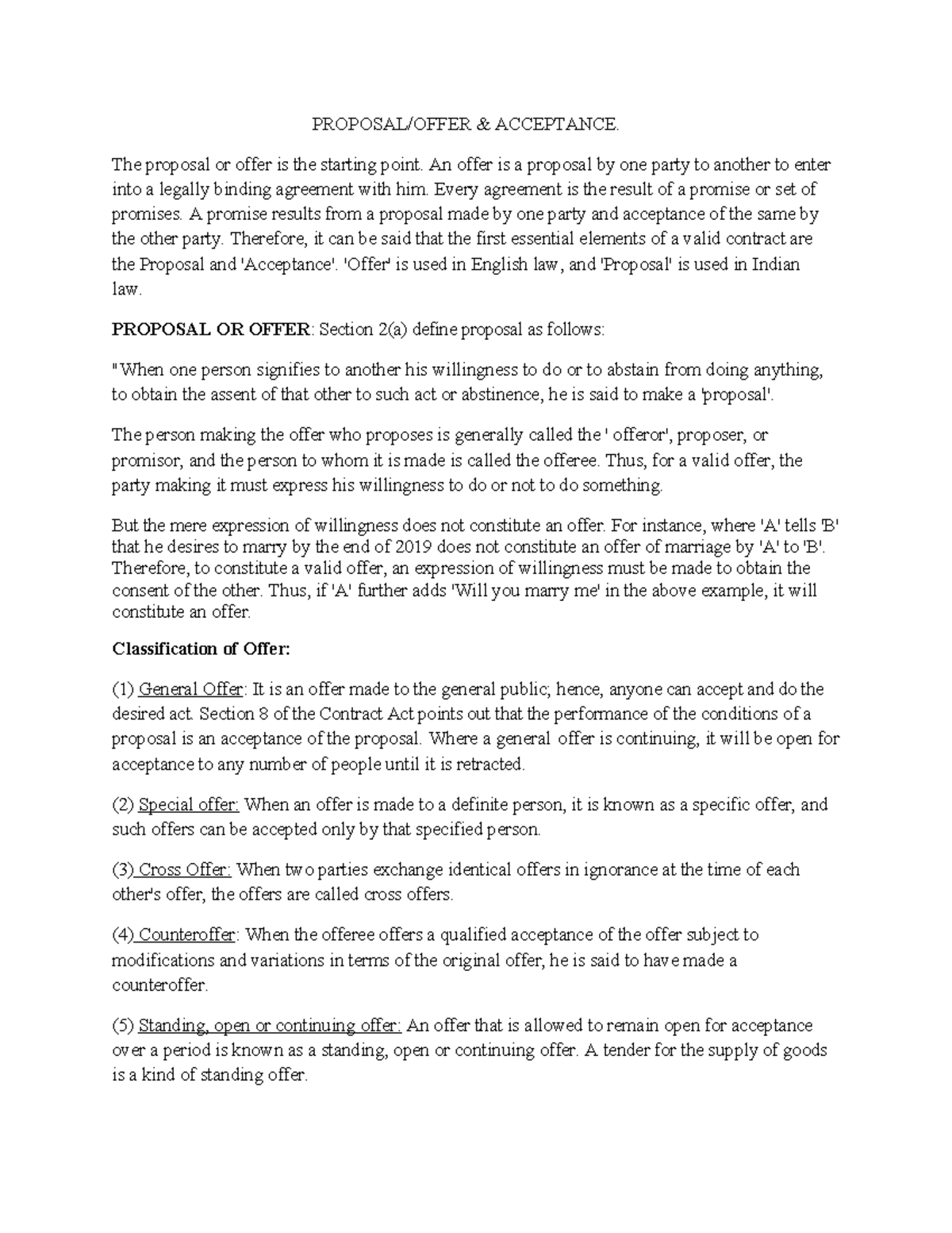 Proposal and Offer - PROPOSAL/OFFER & ACCEPTANCE. The proposal or offer ...