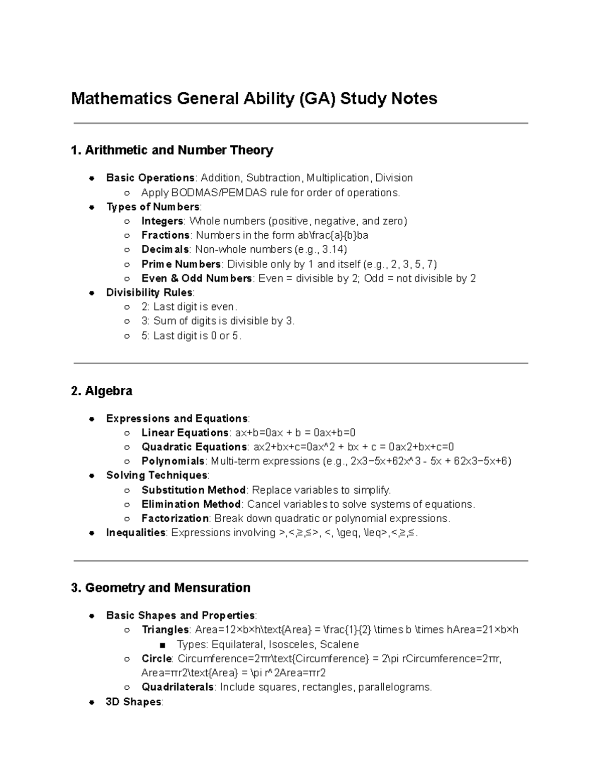 Mathematics General Ability (GA) Study Notes - Arithmetic and Number ...