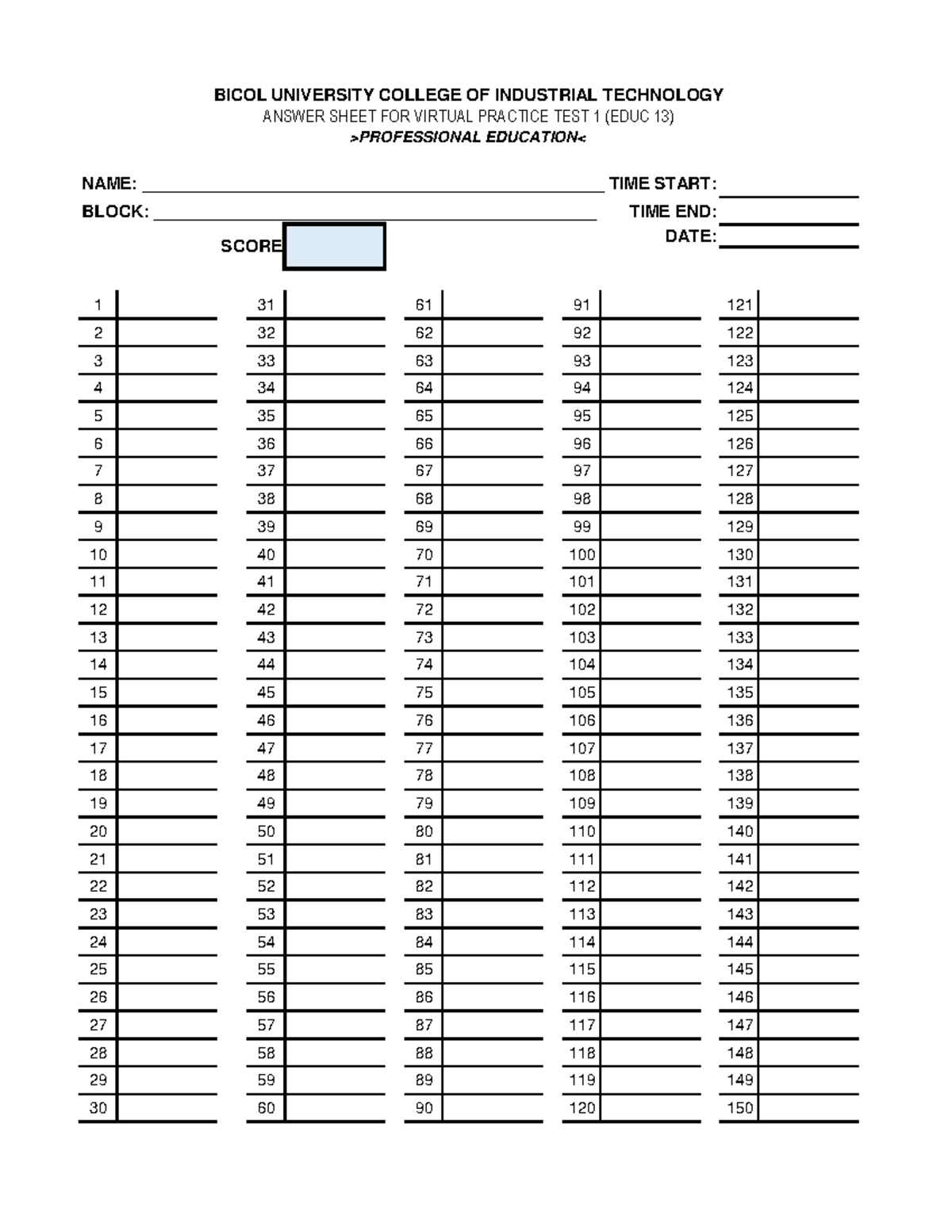 Answer Sheet for Virtual Tests Prof Ed 150 - Social science - NAME ...