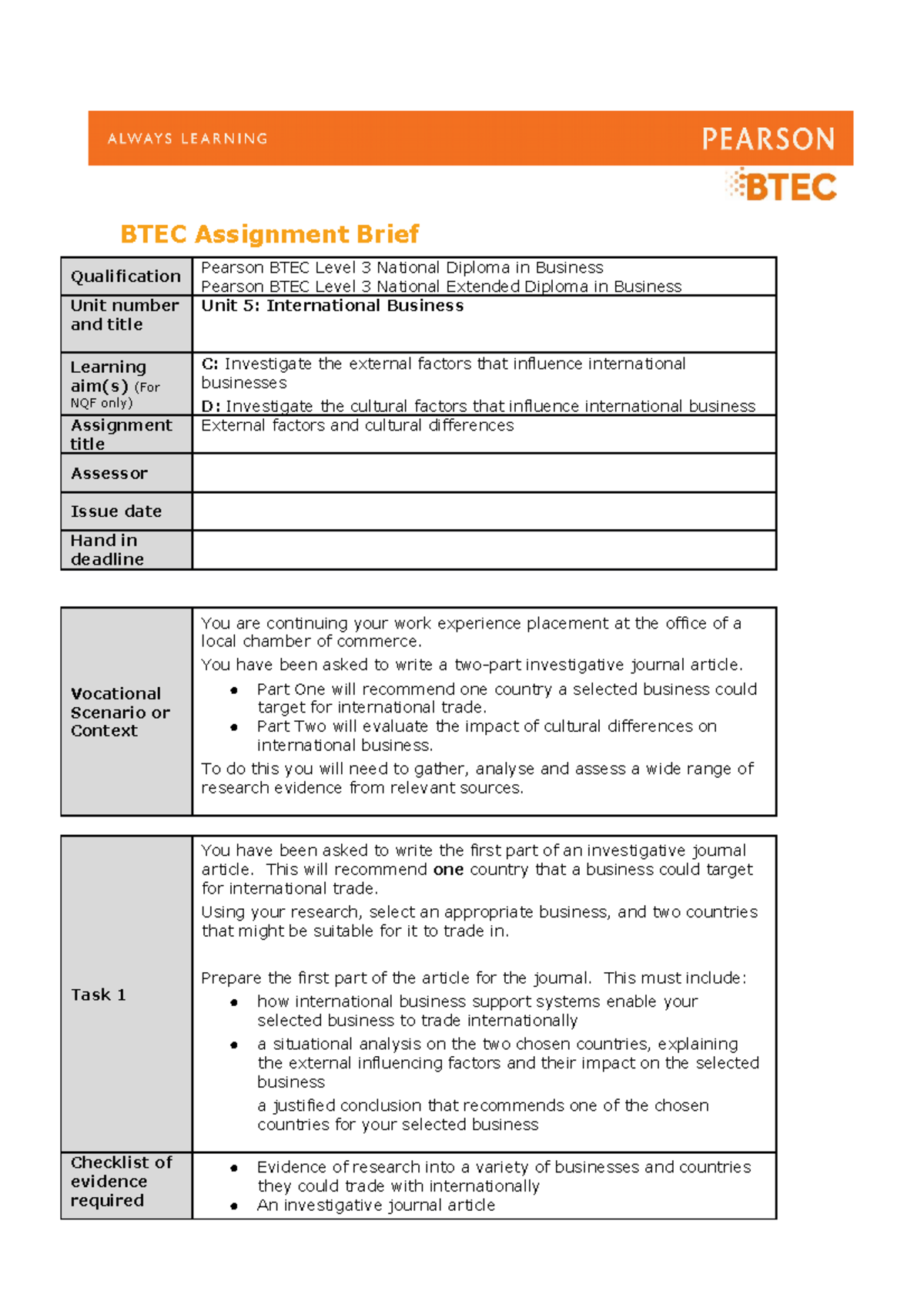 Learning Aims C & D for final year of college - BTEC Assignment Brief Qualification Pearson BTEC ...